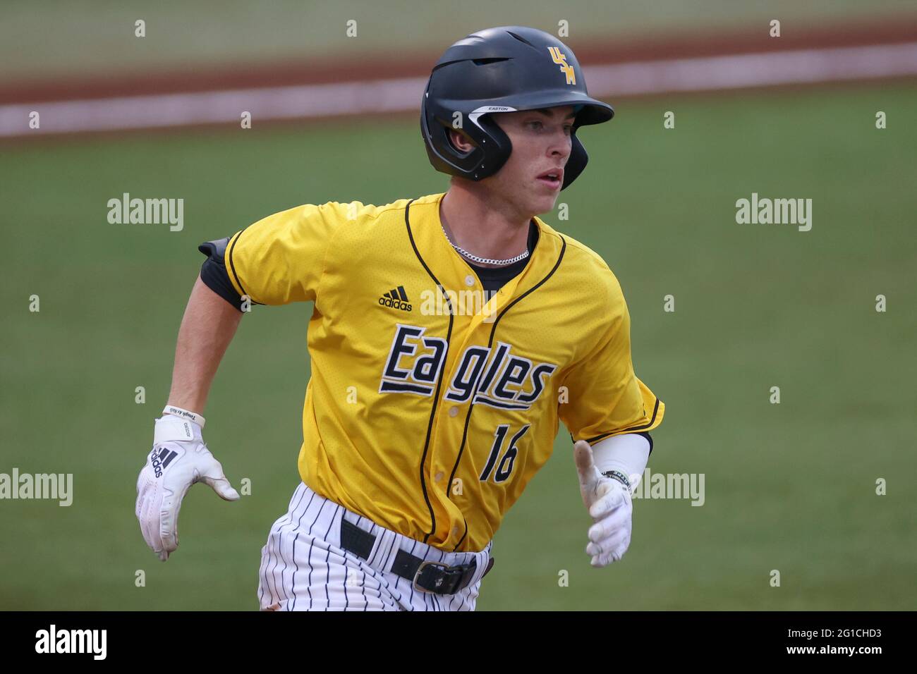 June 06, 2021: Southern Miss infielder Reed Trimble (16) hits a home ...