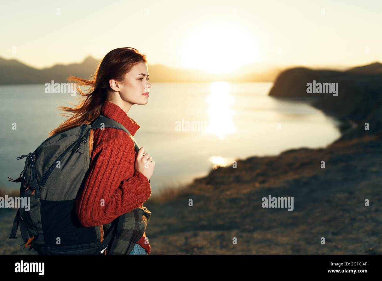 woman with backpack outdoors active leisure adventure travel Stock ...