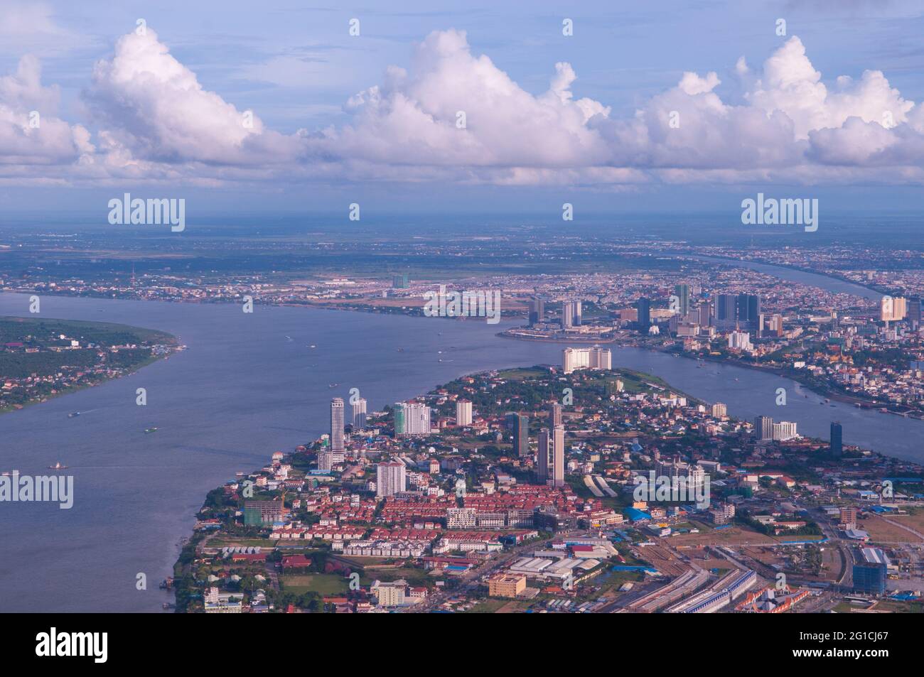 aerial view of the confluence of The Mekong River, The Tonle Bassac ...