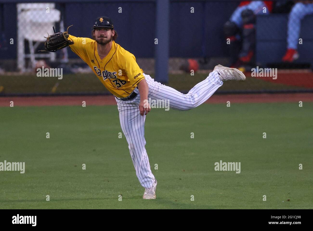 June 06, 2021: Southern Miss outfielder Reece Ewing (38) throws a ball ...