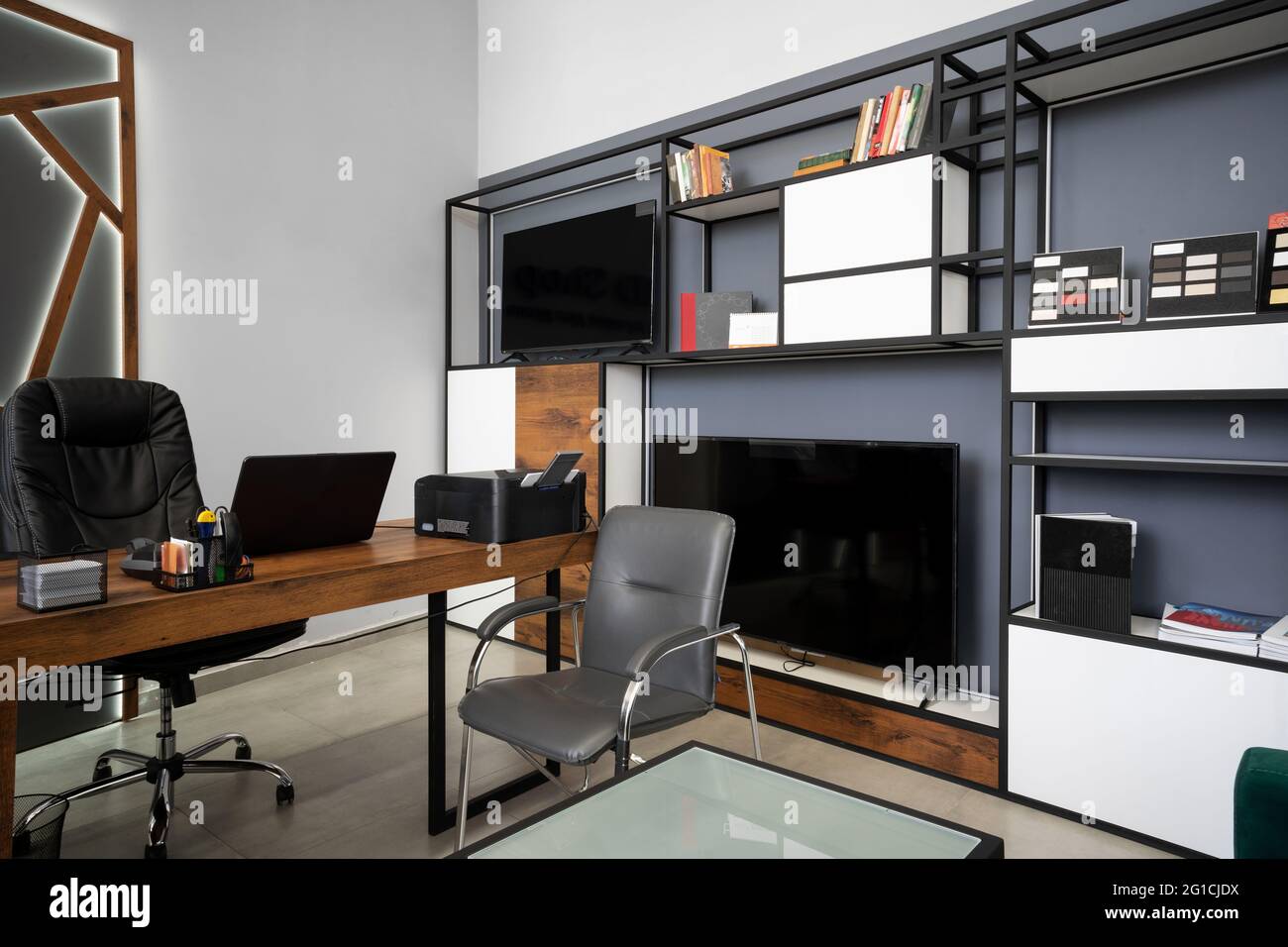 Modern office interior with big wooden table Stock Photo - Alamy
