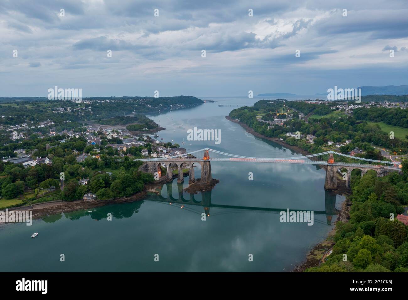 Aerial view of Telford's Suspension Bridge Across The Menai Starights ...