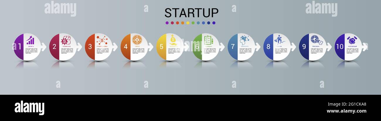 Infographic Startup template. Icons in different colors. Include ...