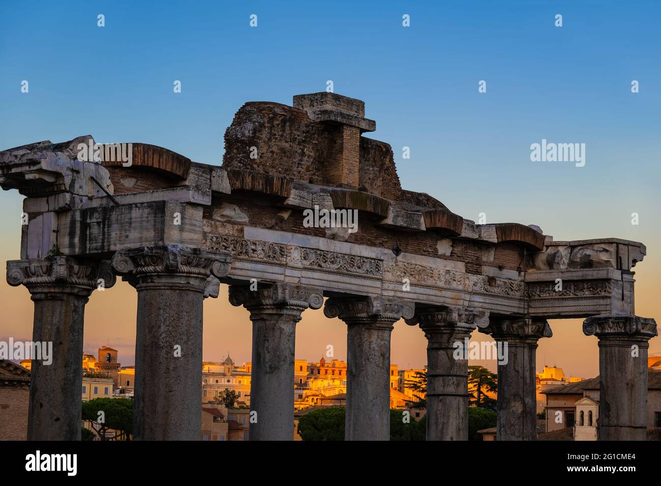 Temple of Saturn architectural details in Rome, Italy, closeup to ...