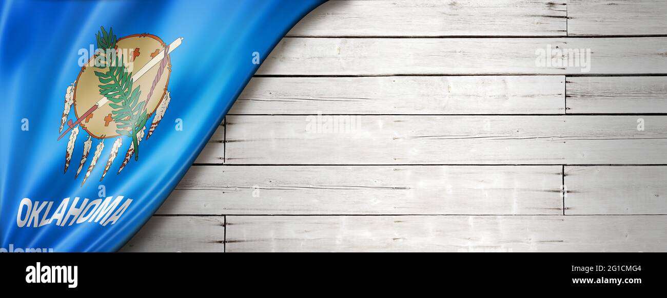 Oklahoma flag on white wood wall banner, USA. 3D illustration Stock ...