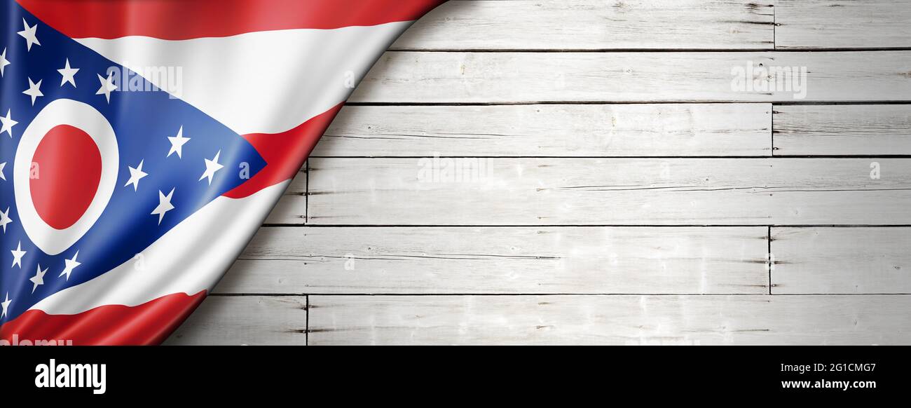 Ohio flag on white wood wall banner, USA. 3D illustration Stock Photo ...