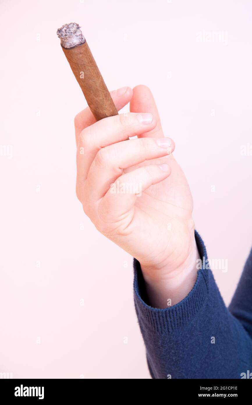 Vertical shot of a man's hand holding a cigar isolated on a light ...