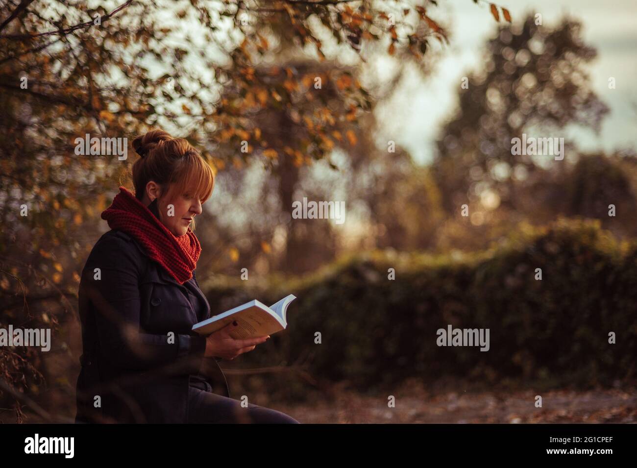 Closeup shot of a Caucasian female reading a book in a park on a sunny ...
