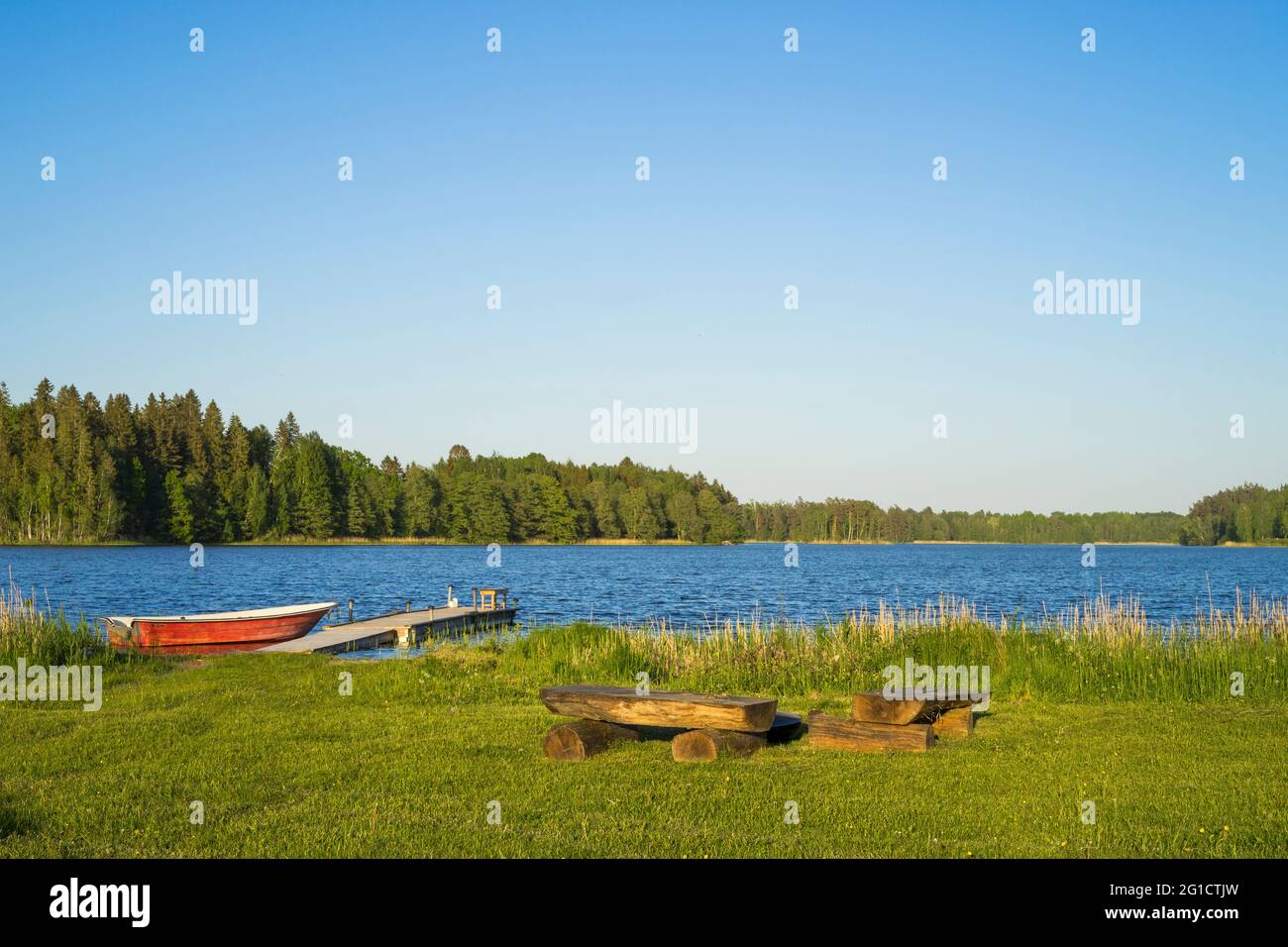 Summer day in Sweden. Blue sky and a lake. Beautiful nature and ...