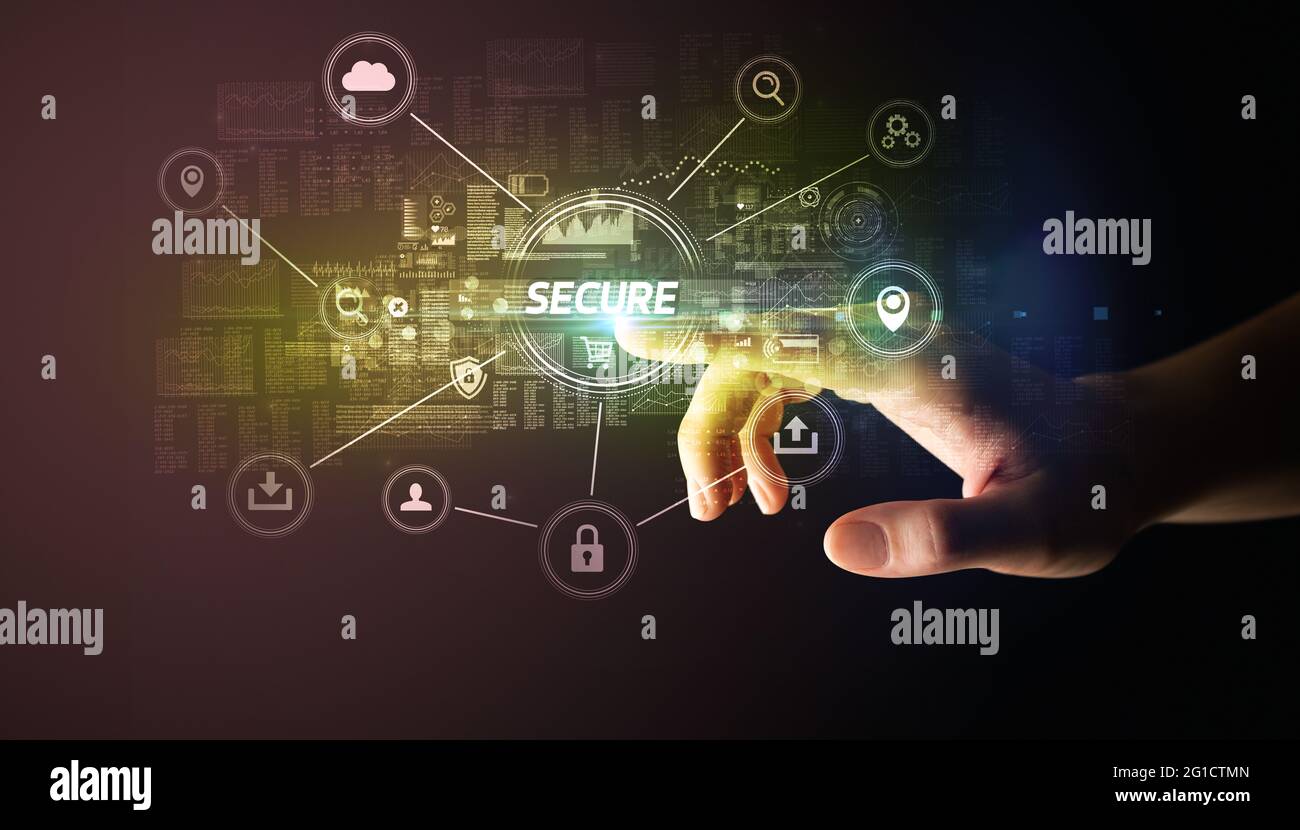 Hand touching cybersecurity button concept Stock Photo - Alamy
