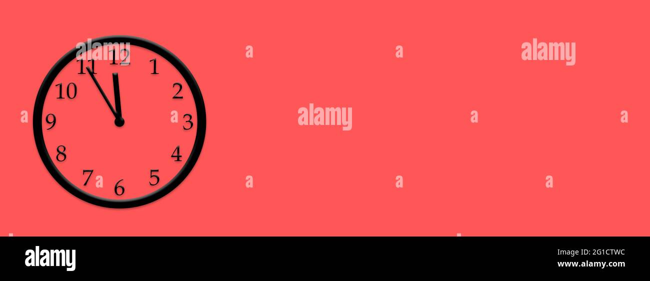 Wall clock showing five minutes to twelve on red background ...