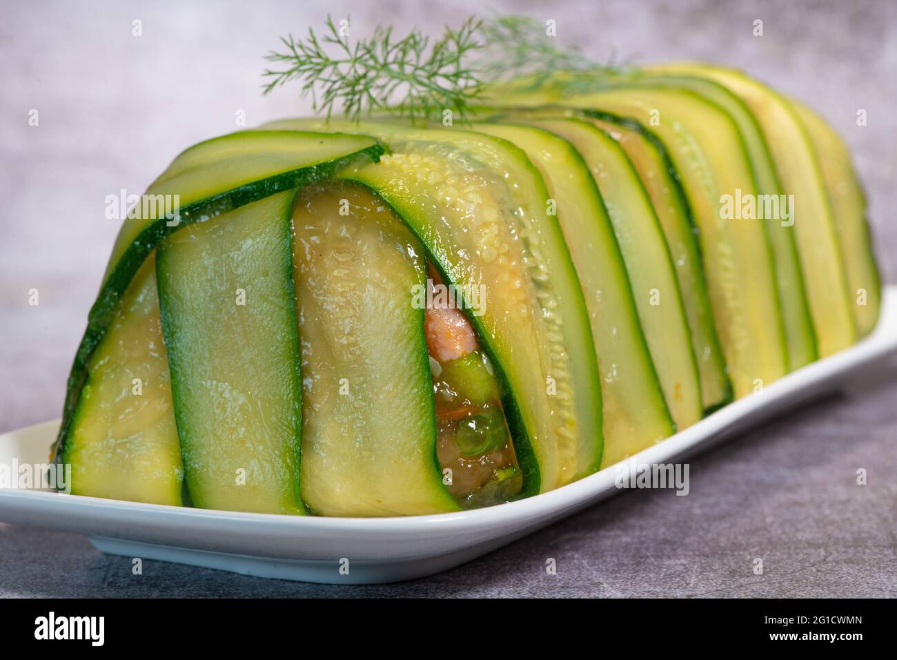 Recipe of marbled vegetables, salmon and langoustines, terrine salmon ...