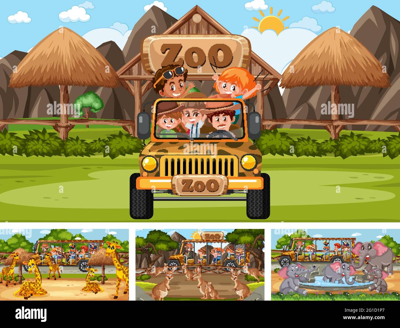 Four different zoo scenes with kids and animals illustration Stock ...