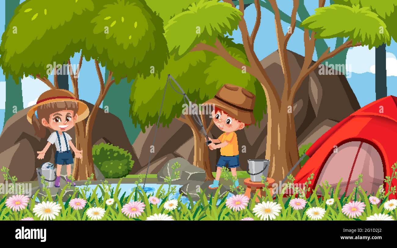 Scene with children camping out in the park illustration Stock Vector ...