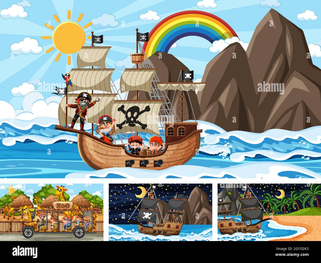 Set of different scenes with pirate ship at the sea and animals in the ...