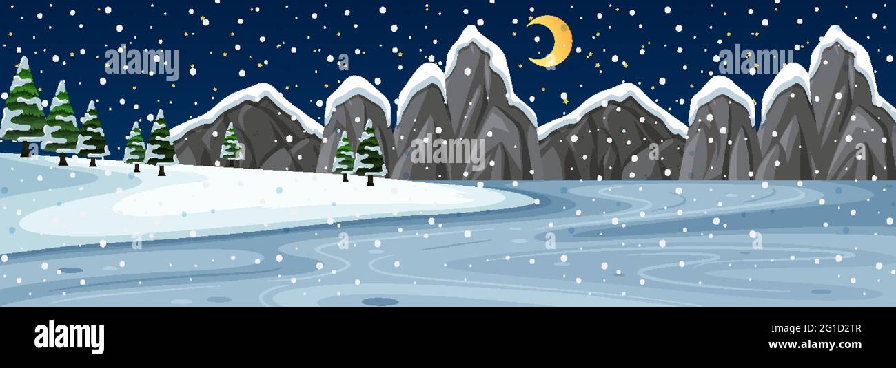 Snow horizontal scene with mountain landscape at night illustration ...