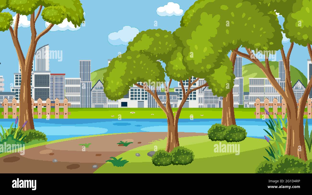 Empty nature park landscape scene with cityscape background ...