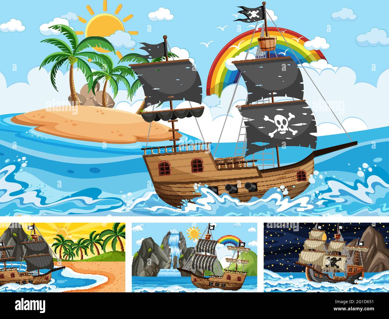 Set of different beach scenes with pirate ship illustration Stock ...