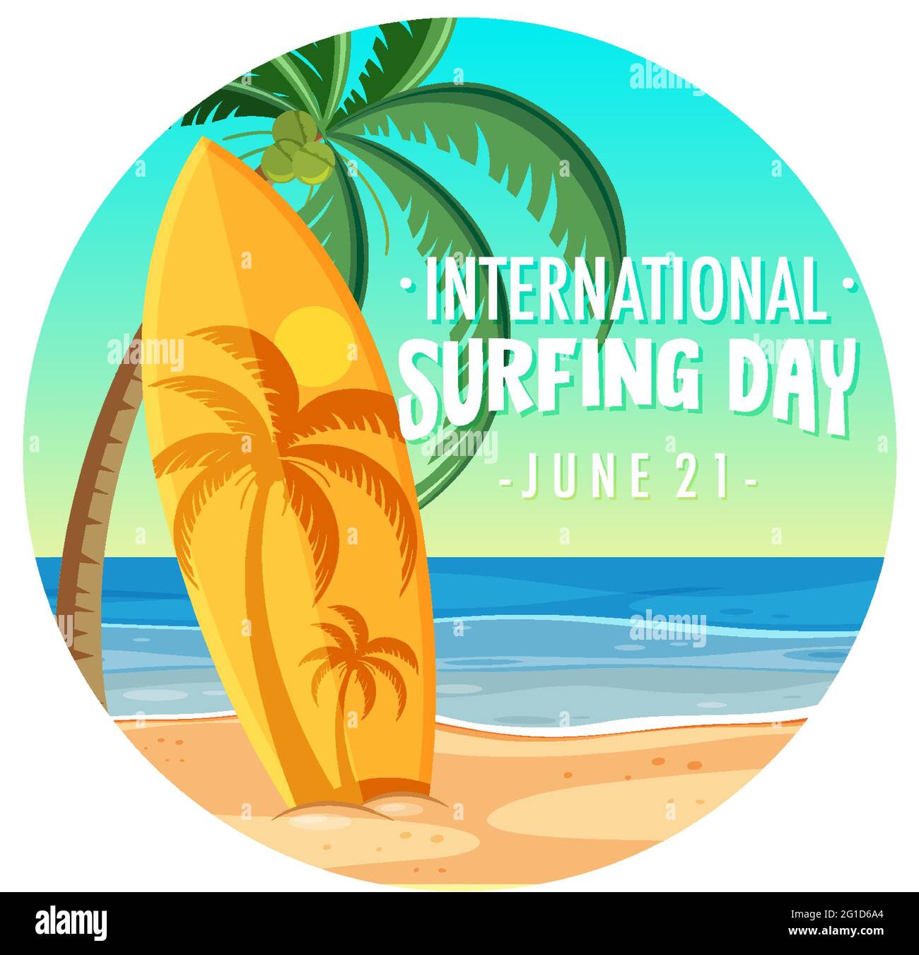 International Surfing Day font with surfboard on the beach banner ...