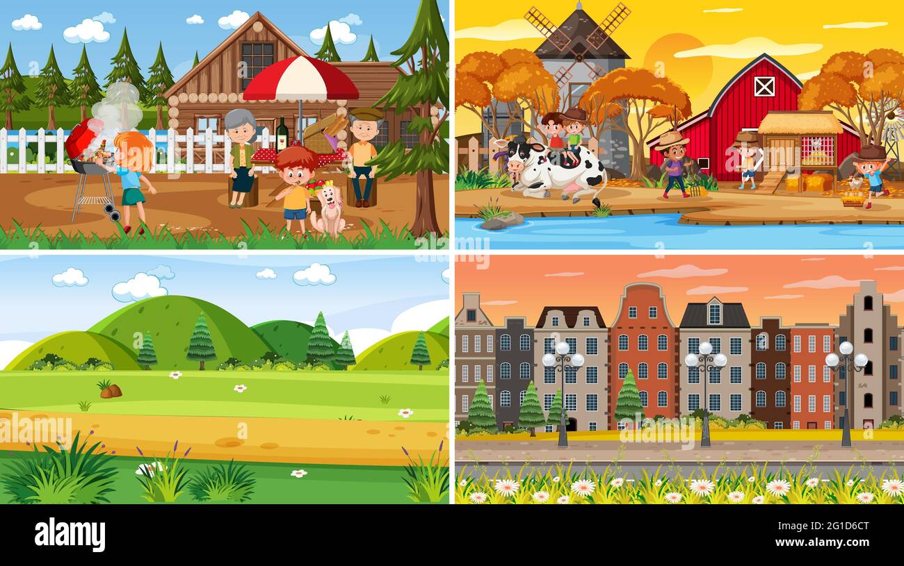 Set of different nature scenes cartoon style illustration Stock Vector ...