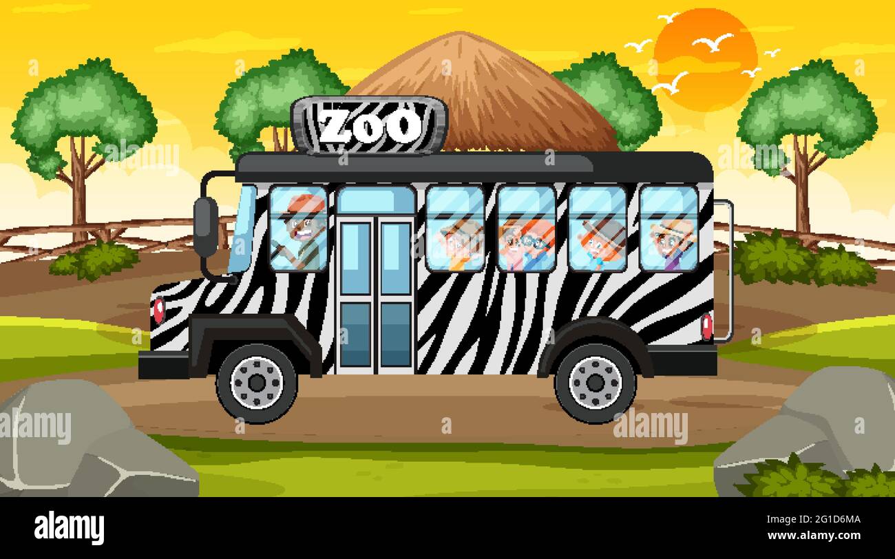 Nature zoo scene with children in the zoo bus illustration Stock Vector ...