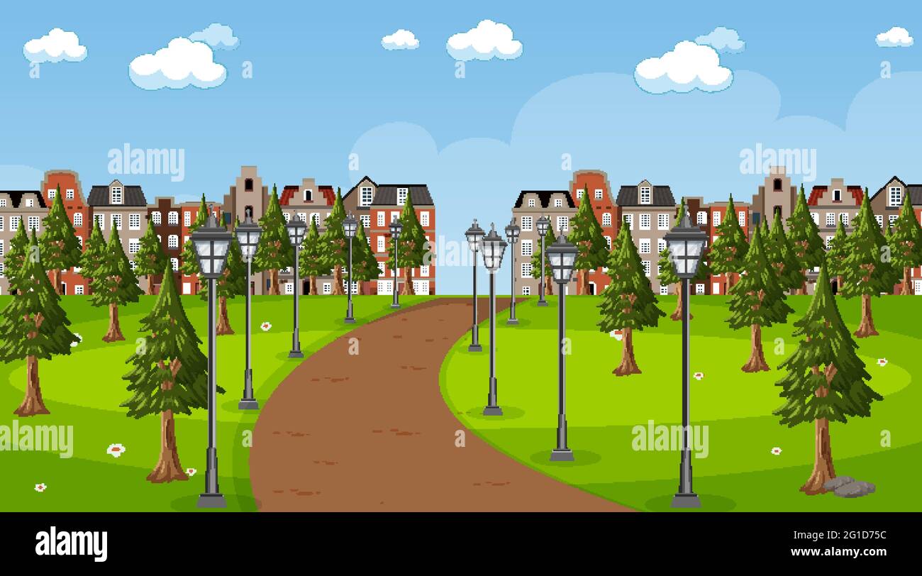 Background scene with long road through the park into the town ...