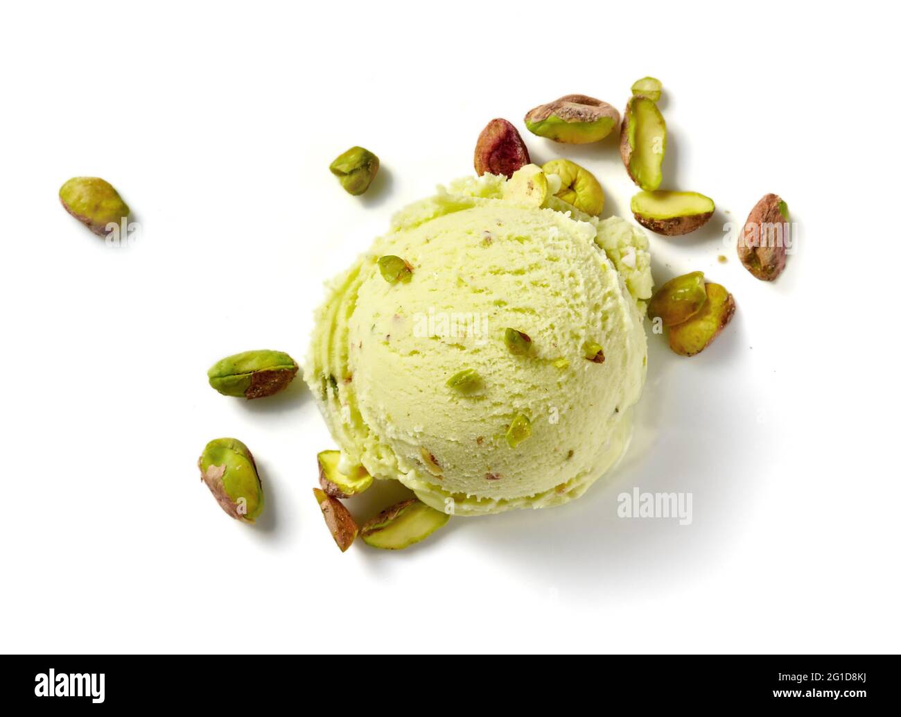 Scoop of pistachio ice cream with pistachio nuts on white background ...