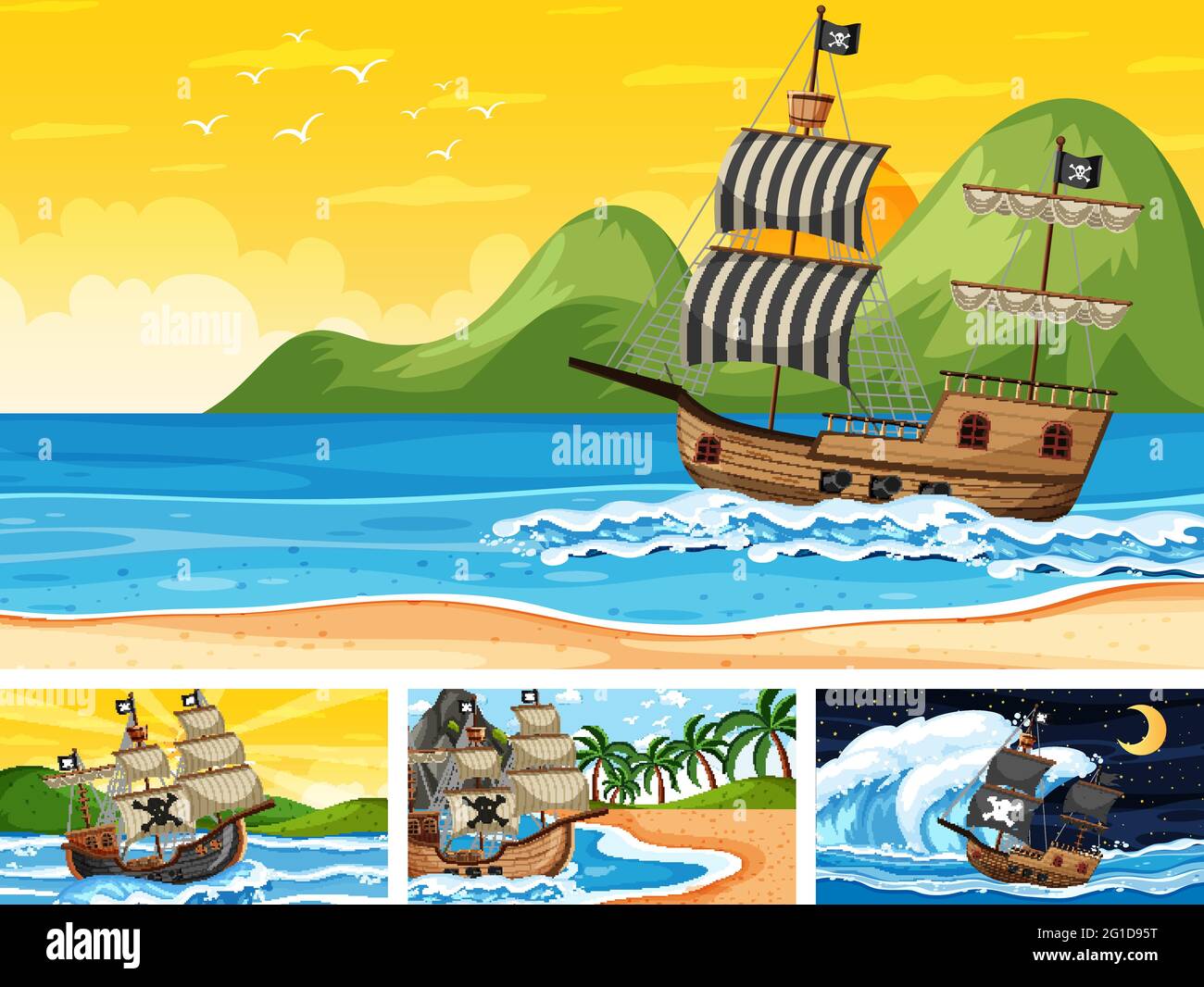 Set of Ocean with Pirate ship at different times scenes in cartoon ...