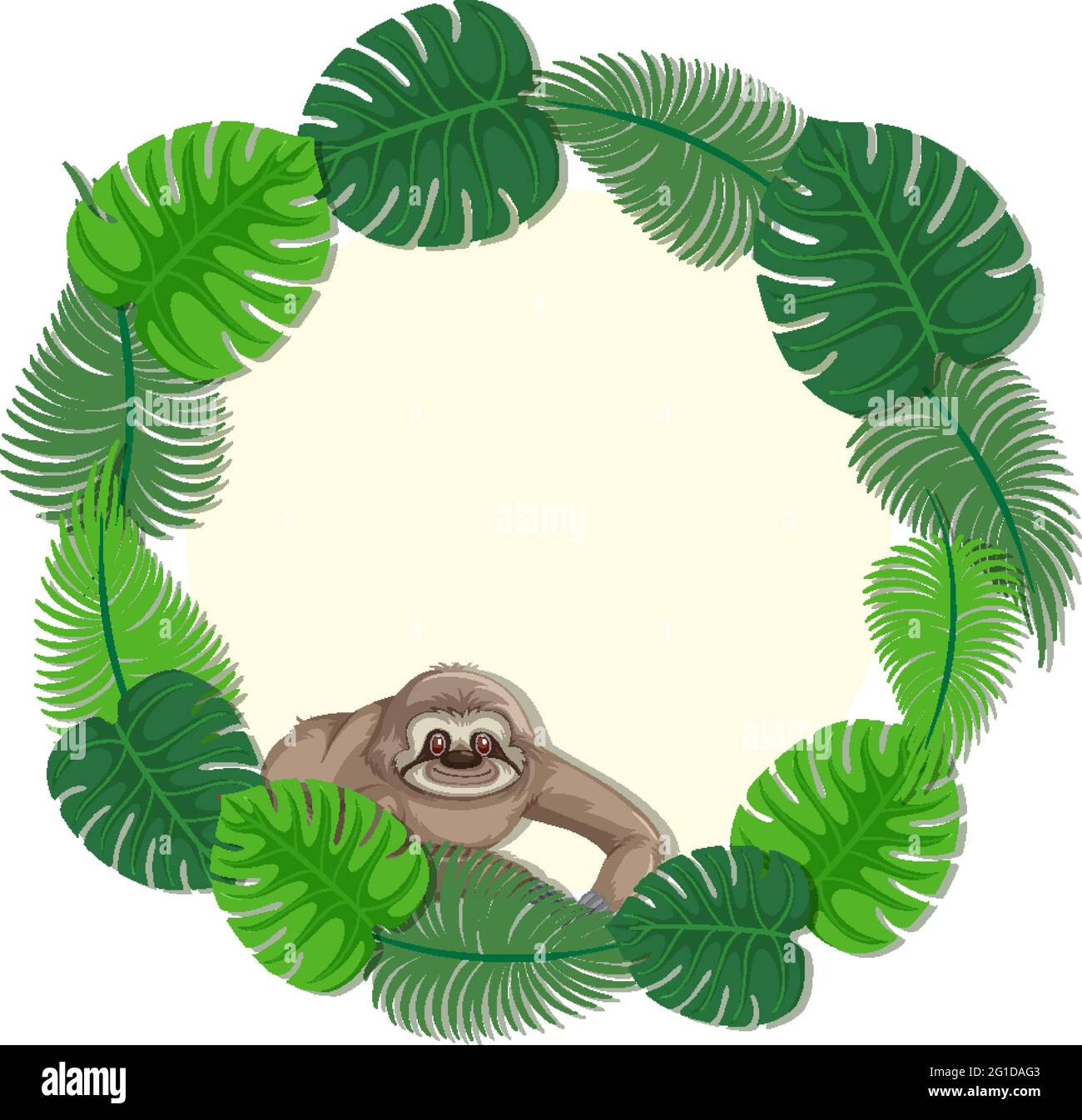 Round green monstera leaves banner template with a sloth cartoon ...