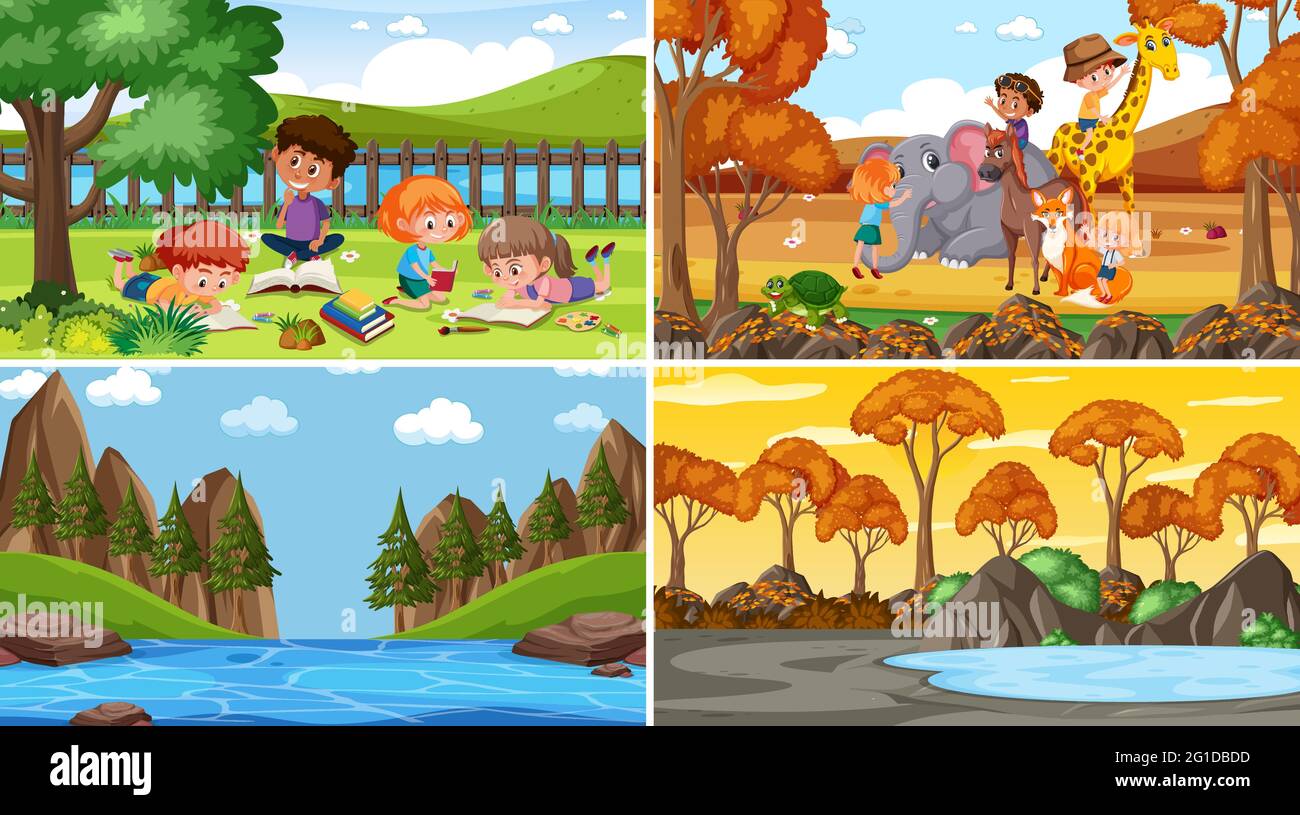 Set of different nature scenes cartoon style illustration Stock Vector ...