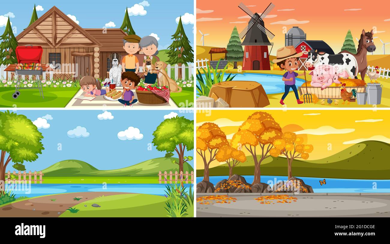 Set of different nature scenes cartoon style illustration Stock Vector ...