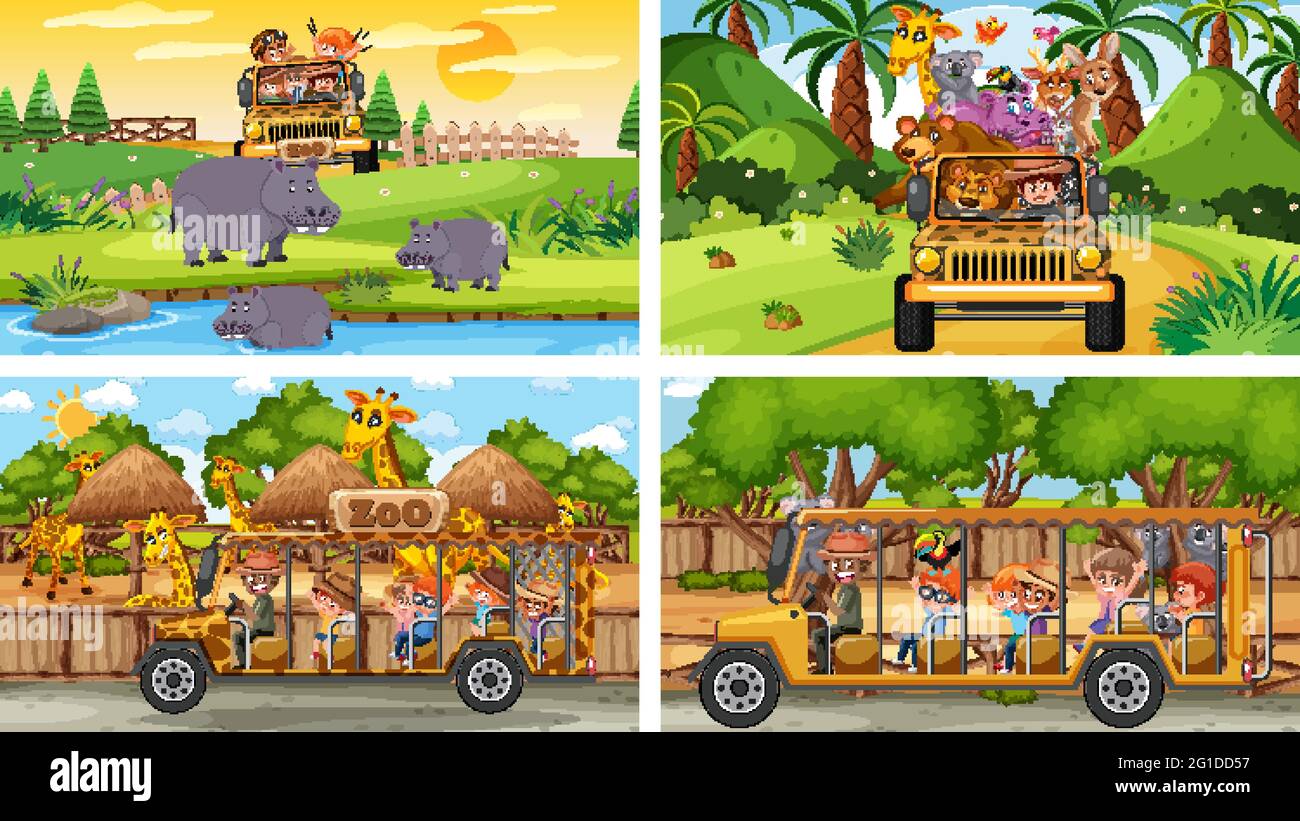 Four different zoo scenes with kids and animals illustration Stock ...