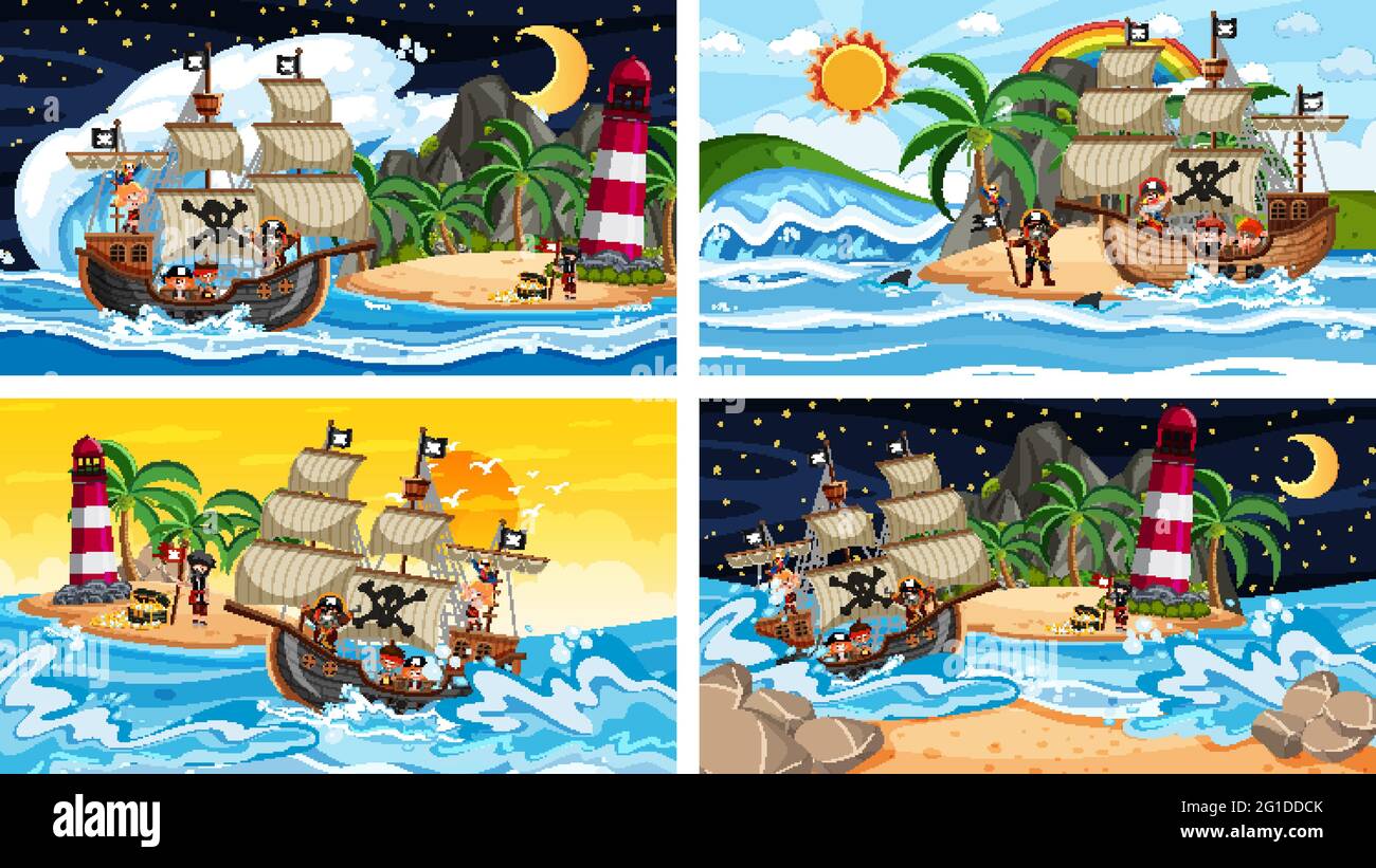 Set of different beach scenes with pirate ship and pirate cartoon ...