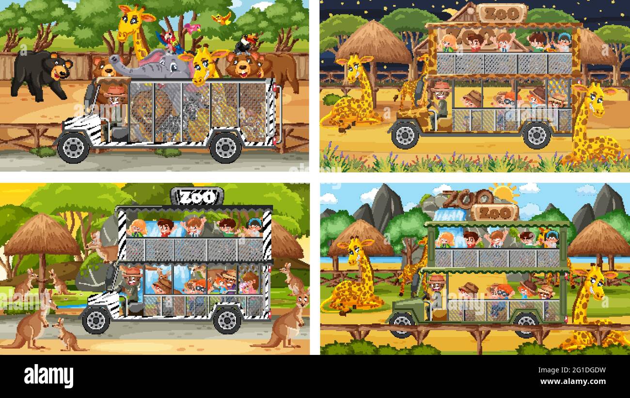 Set of different safari scenes with animals and kids cartoon character ...