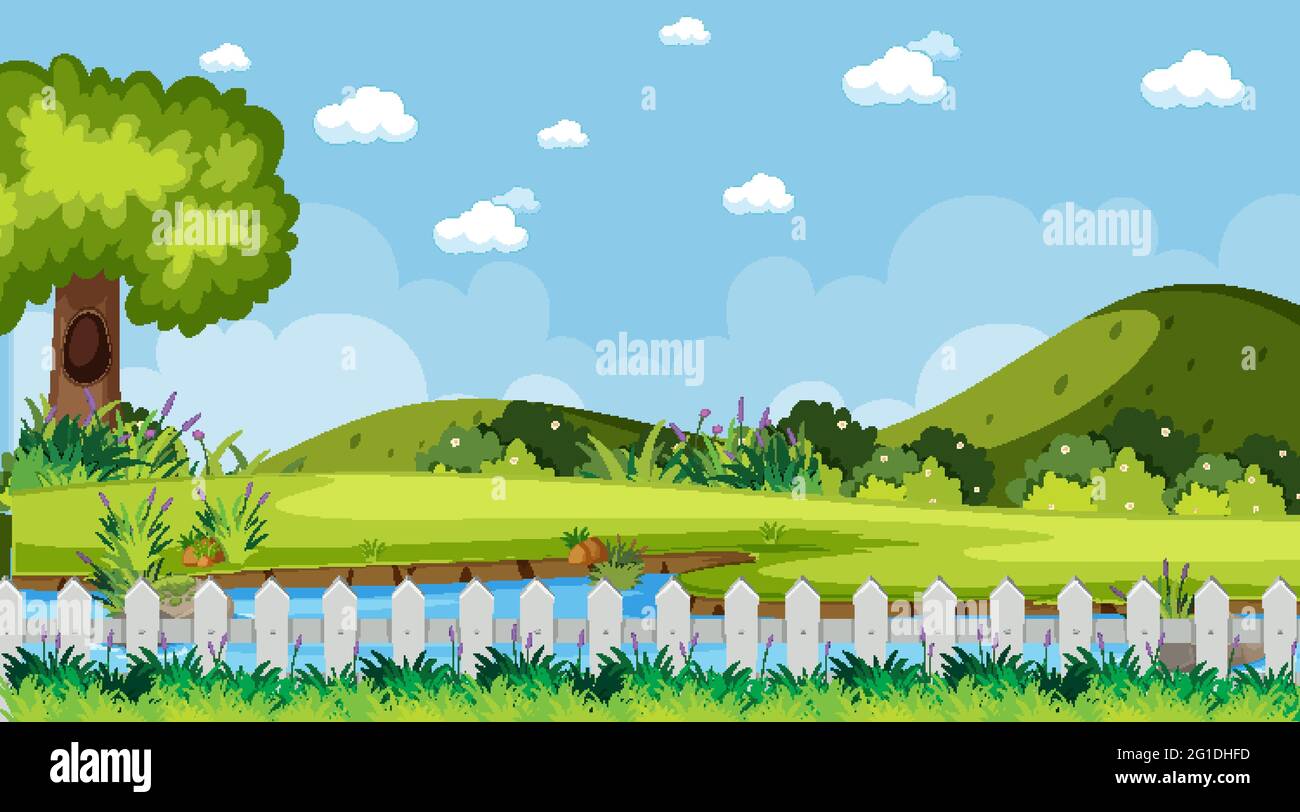 Blank sky in the park scene with many trees and meadow illustration ...