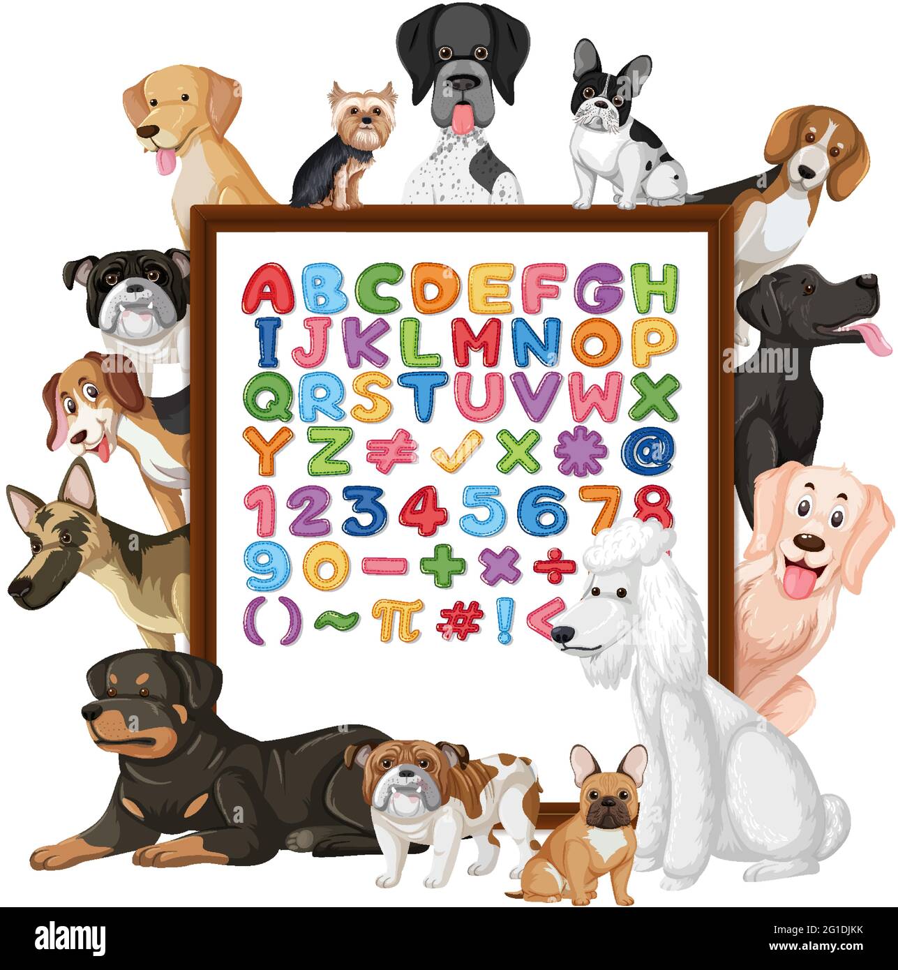 Alphabet A-Z and math symbols on a board with many cute dogs ...