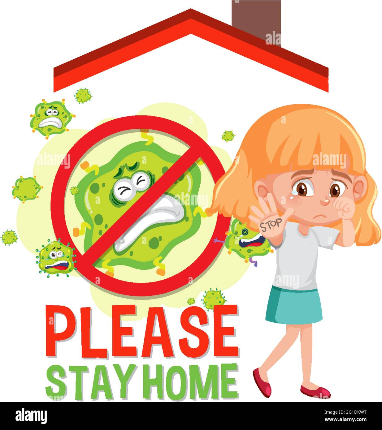 Please Stay Home banner with children and no virus sign illustration ...