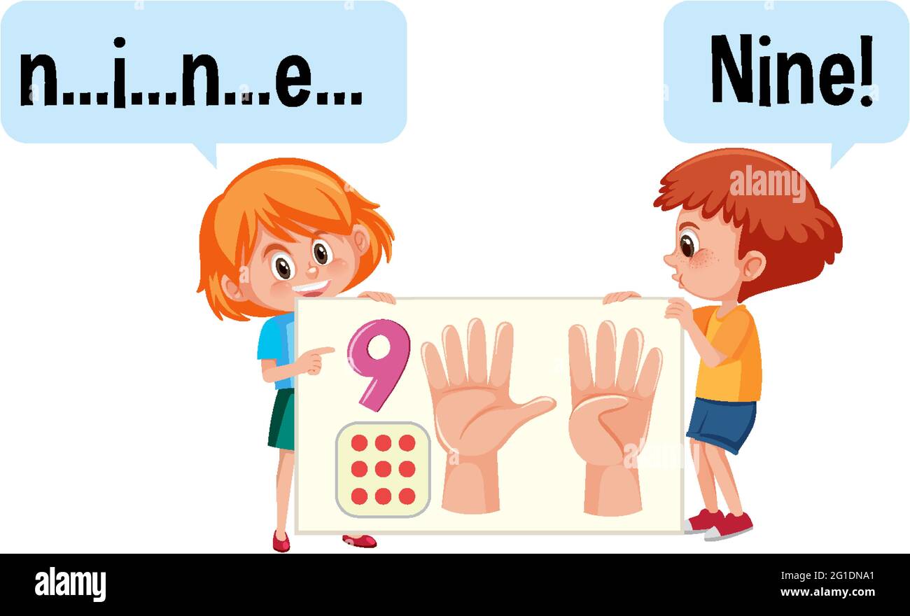 Cartoon character of two kids spelling the number nine illustration ...