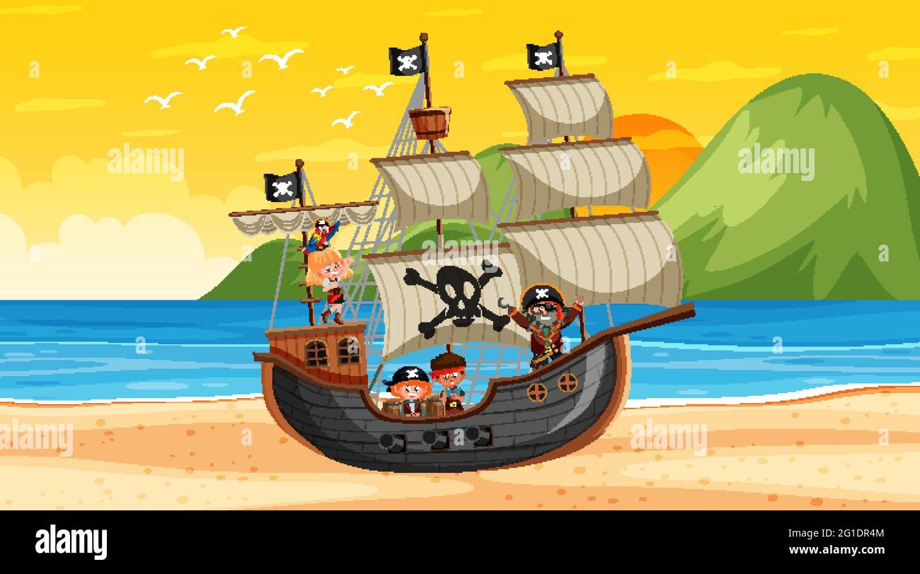 Beach with Pirate ship at sunset scene in cartoon style illustration ...