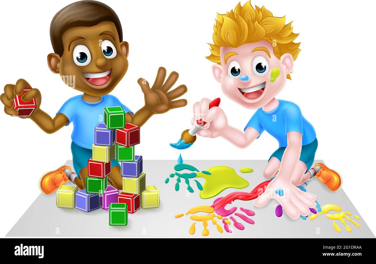 Cartoon Boys Playing With Blocks and Painting Stock Vector Image & Art ...