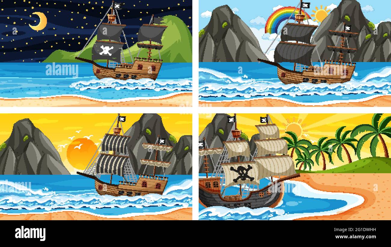 Set of different beach scenes with pirate ship and pirate cartoon ...