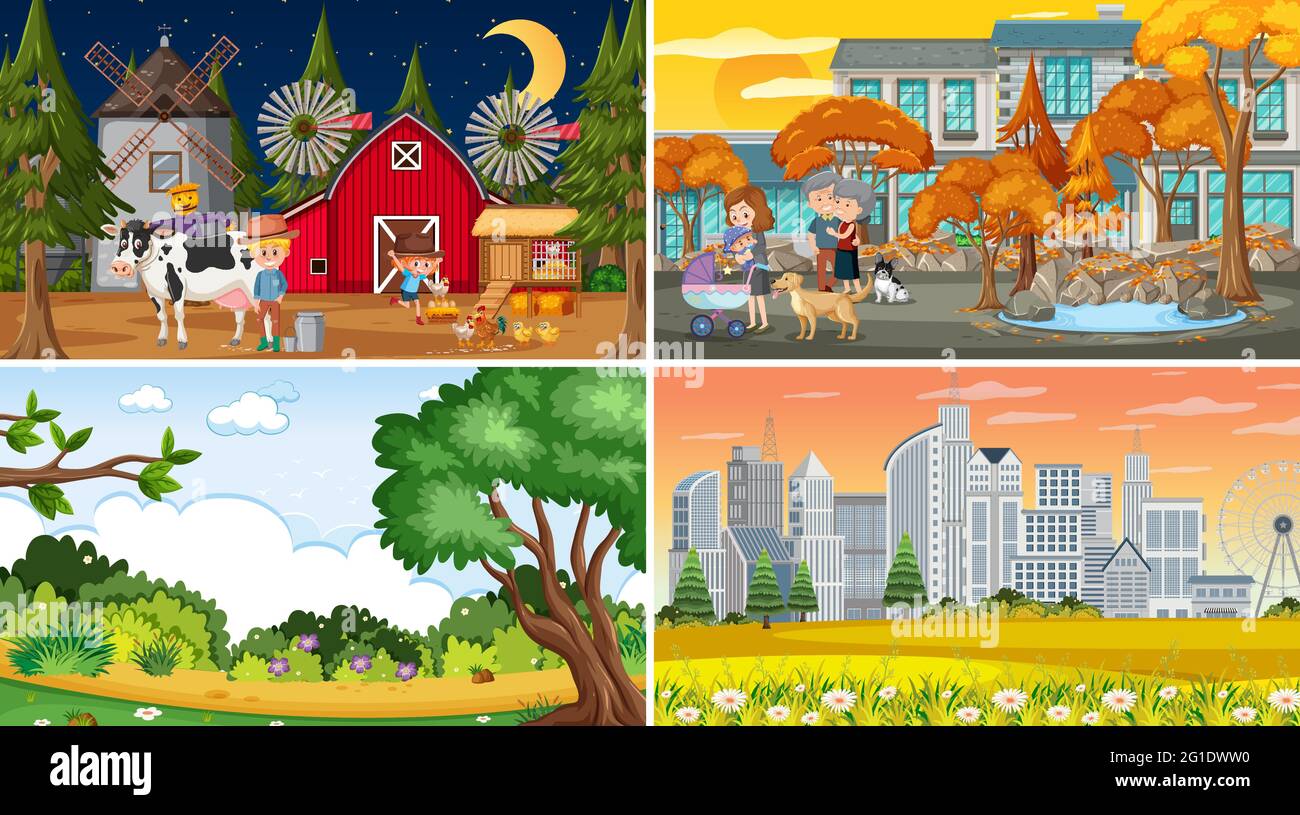 Set of different nature scenes background with people illustration ...