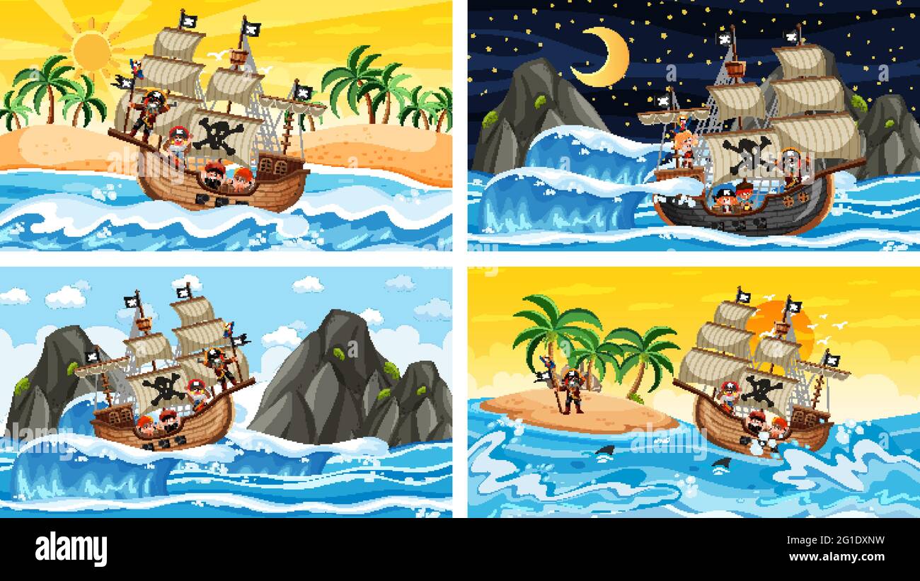Set of different beach scenes with pirate ship and pirate cartoon ...