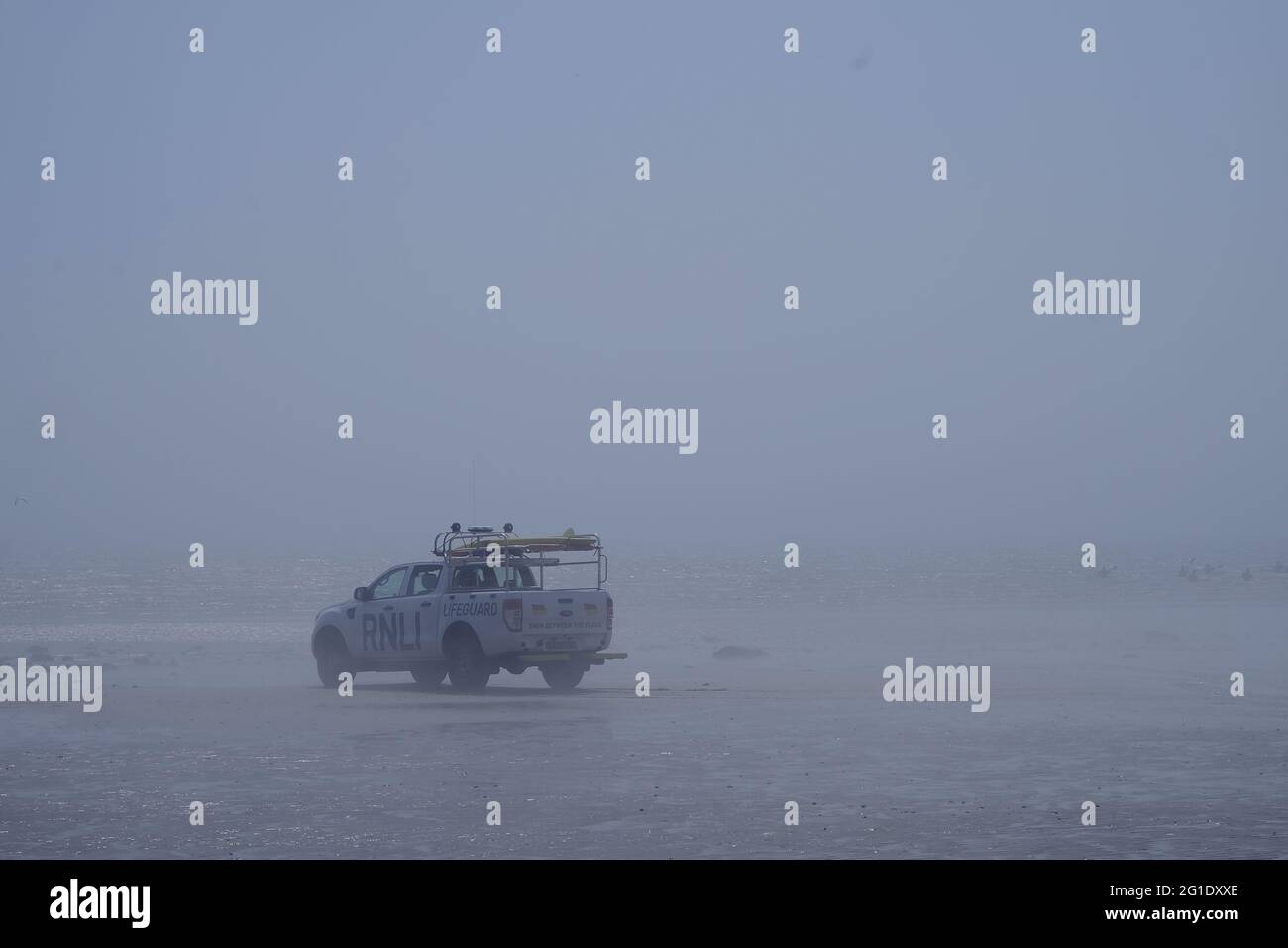 RNLI truck in sea mist Stock Photo - Alamy