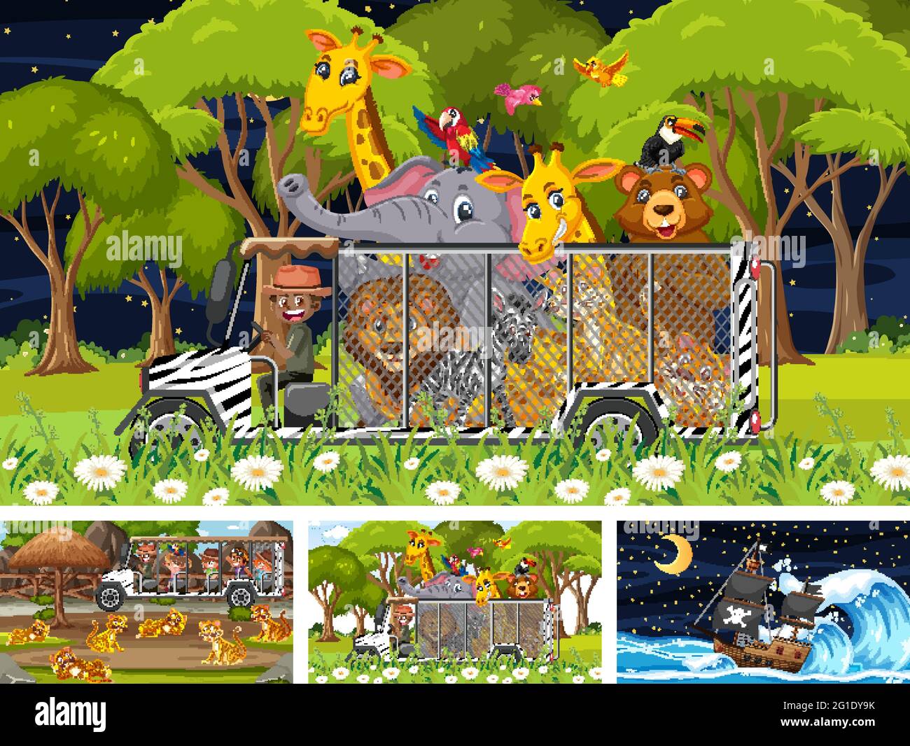 Set of different scenes with pirate ship at the sea and animals in the ...