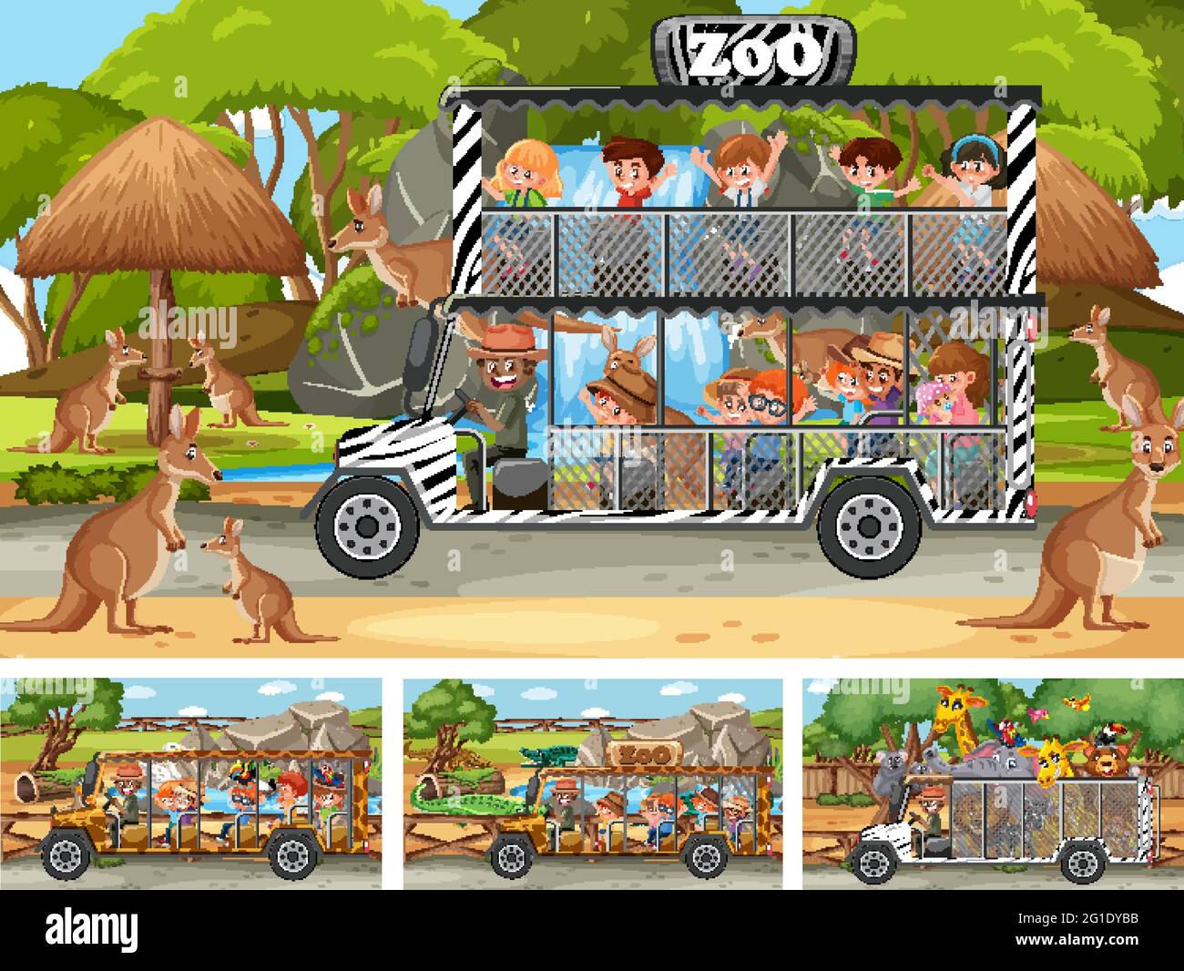 Different safari scenes with animals and kids cartoon character ...