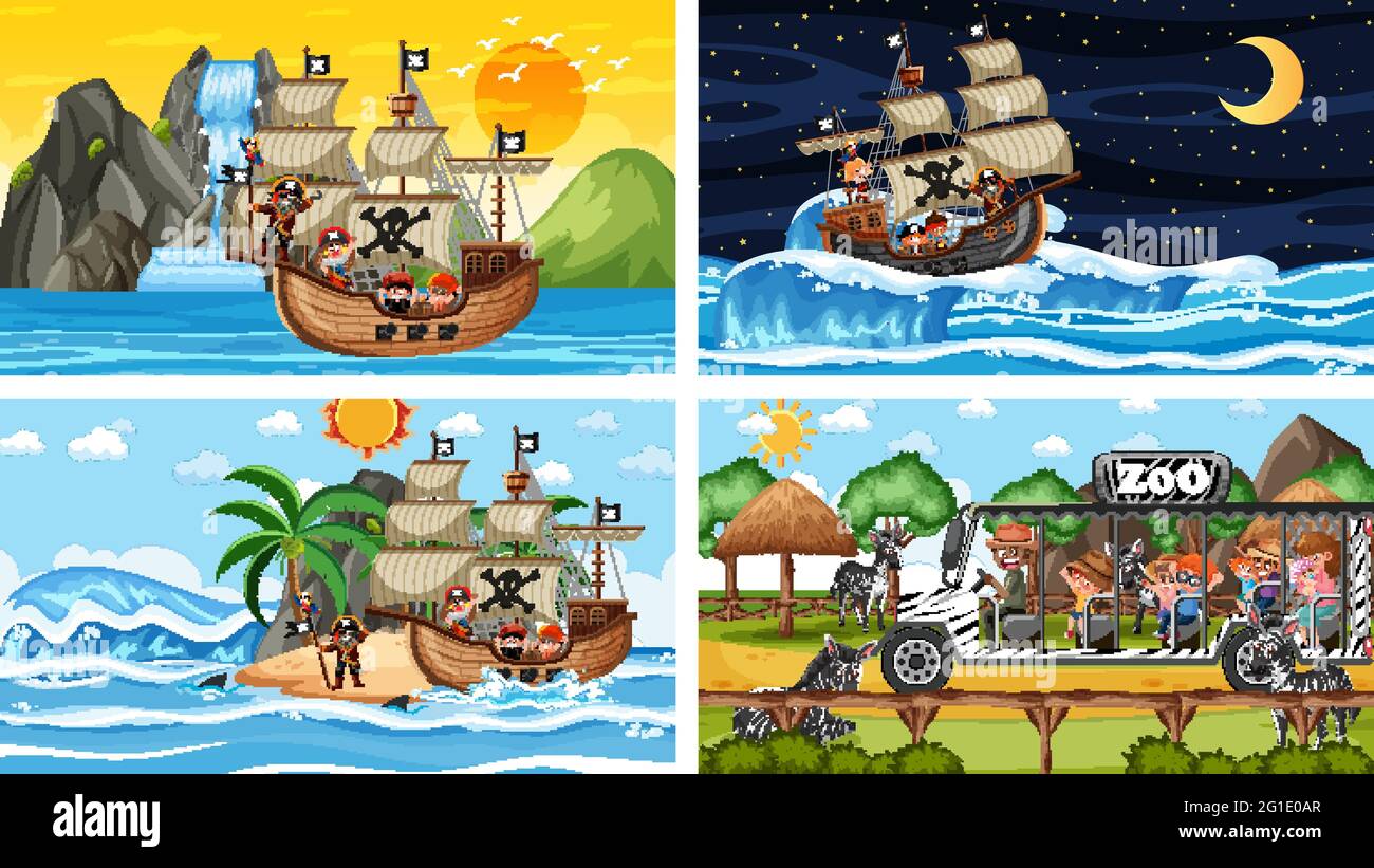 Set of different scenes with animals in the zoo and pirate ship at the ...
