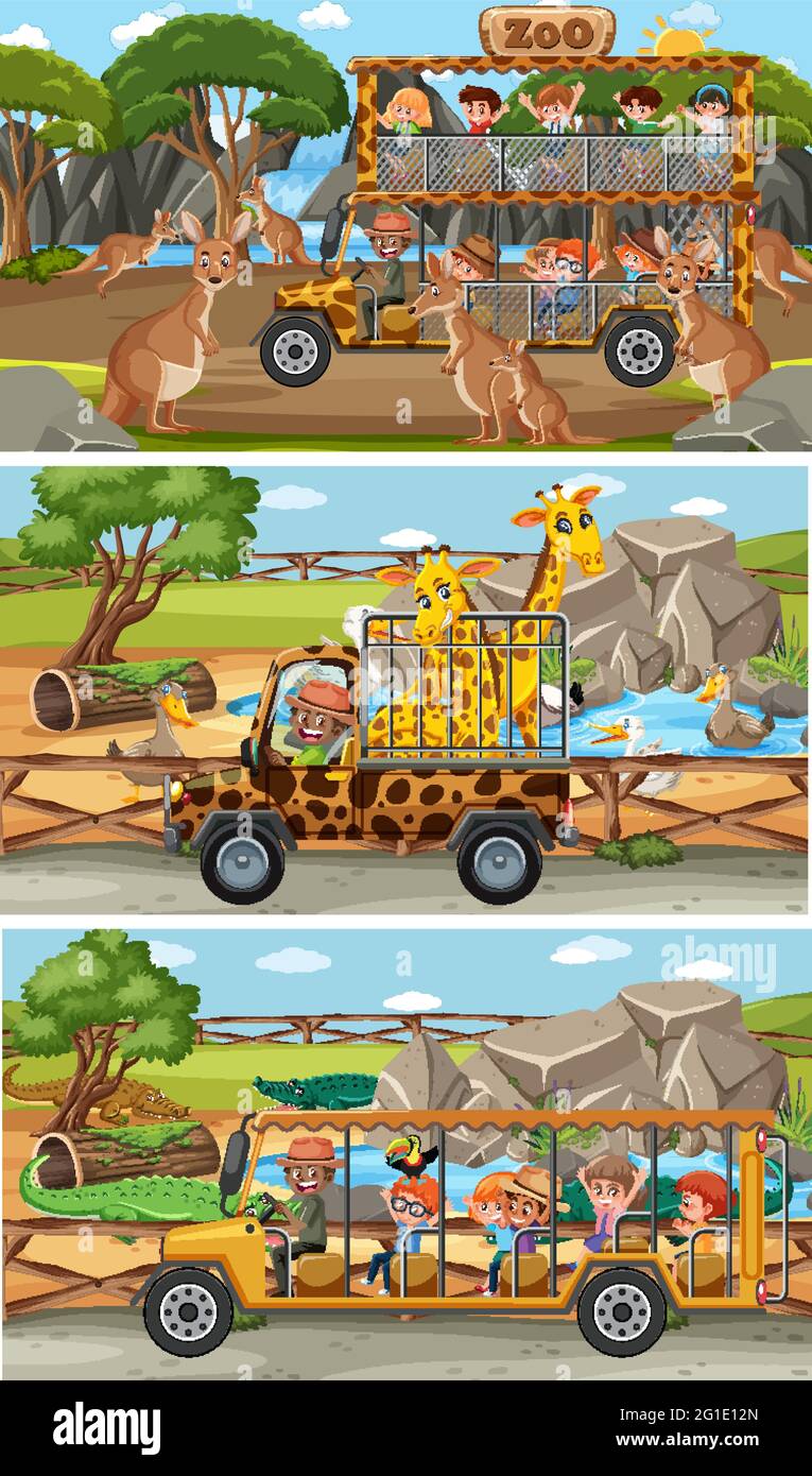Set of different safari horizontal scenes with animals and kids cartoon ...