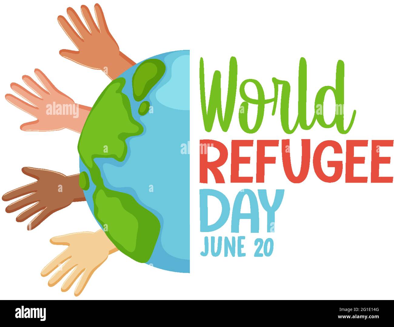 World Refugee Day banner with different skin colours hands up ...