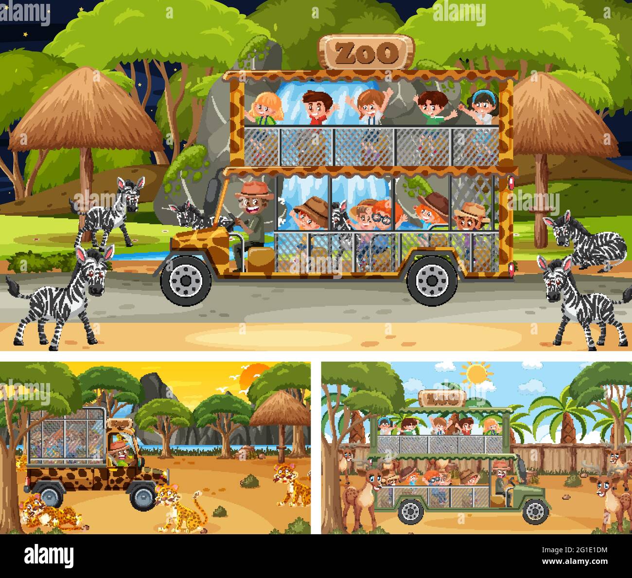 Different safari scenes with animals and kids cartoon character ...